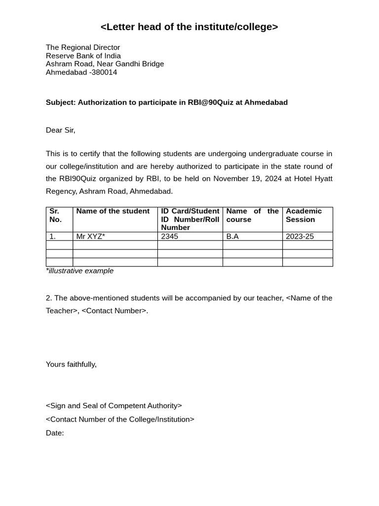 RBI Quiz Participation Approval | PDF