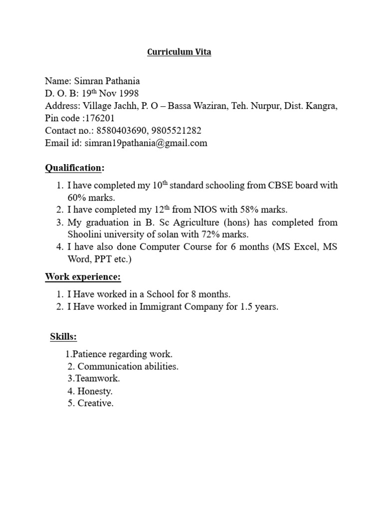 Curriculum Vitae of Simran Pathania | PDF