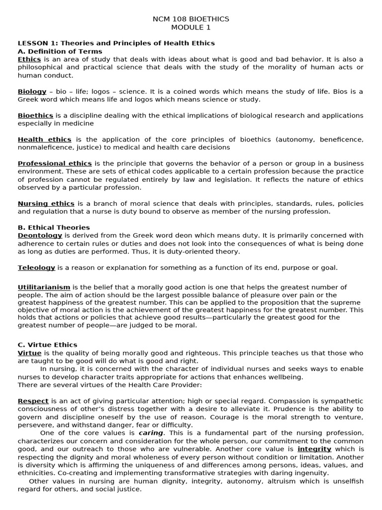 NCM 108 Bioethics Module 1 | PDF | Bioethics | Informed Consent