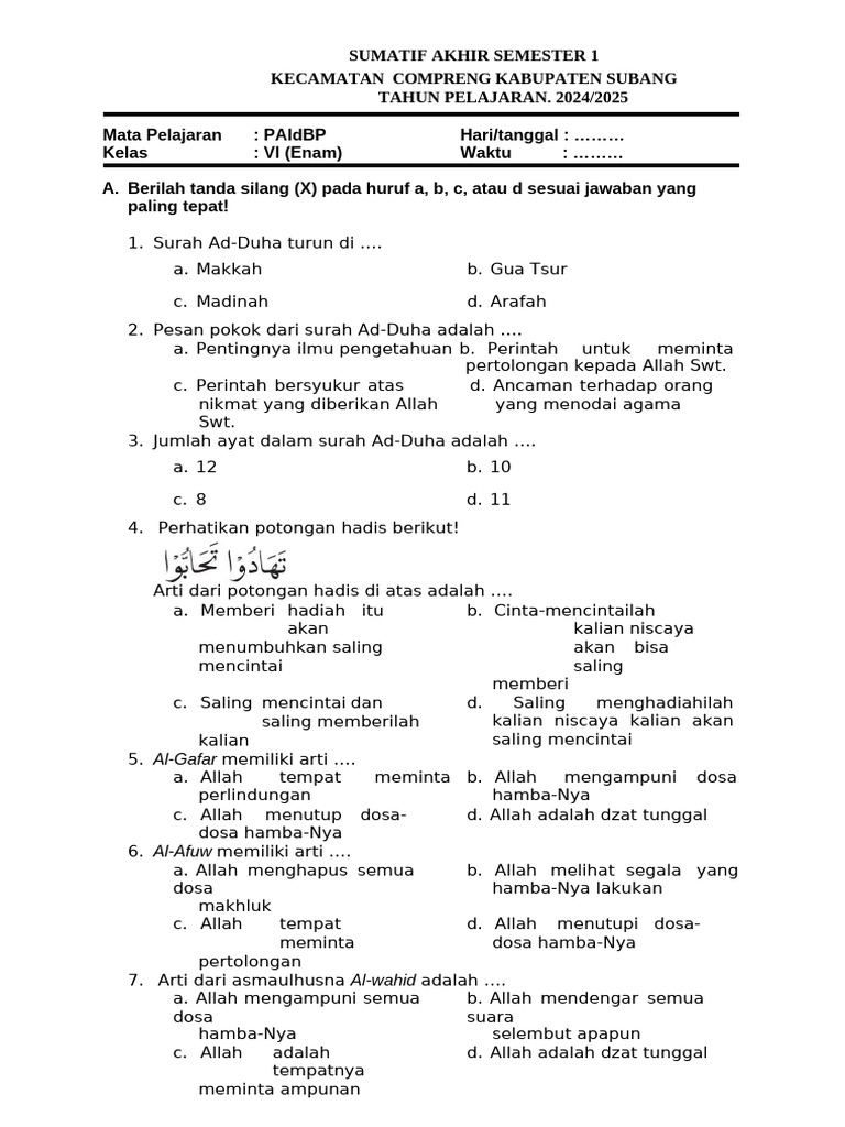 Soal Sas Ganjil PAI Kelas 6 | PDF