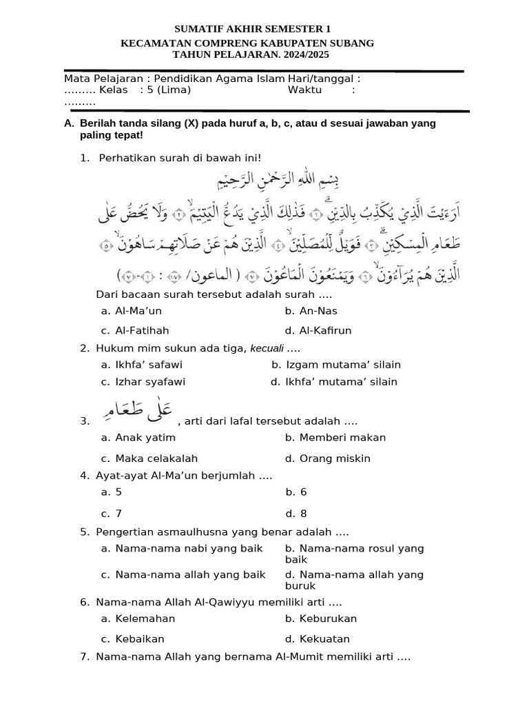 Soal UAS PAI Kelas 5 Semester 1 | PDF