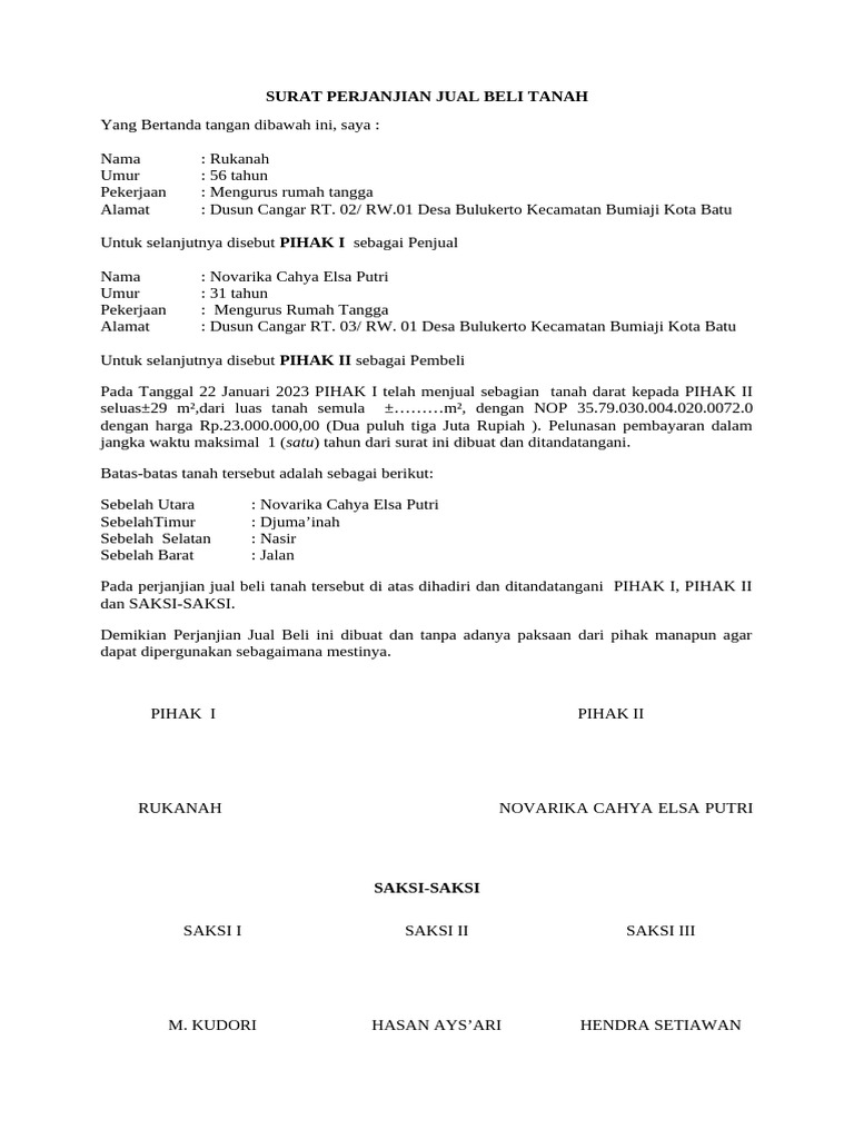 SURAT PERJANJIAN JUAL BELI TANAh 2023 | PDF