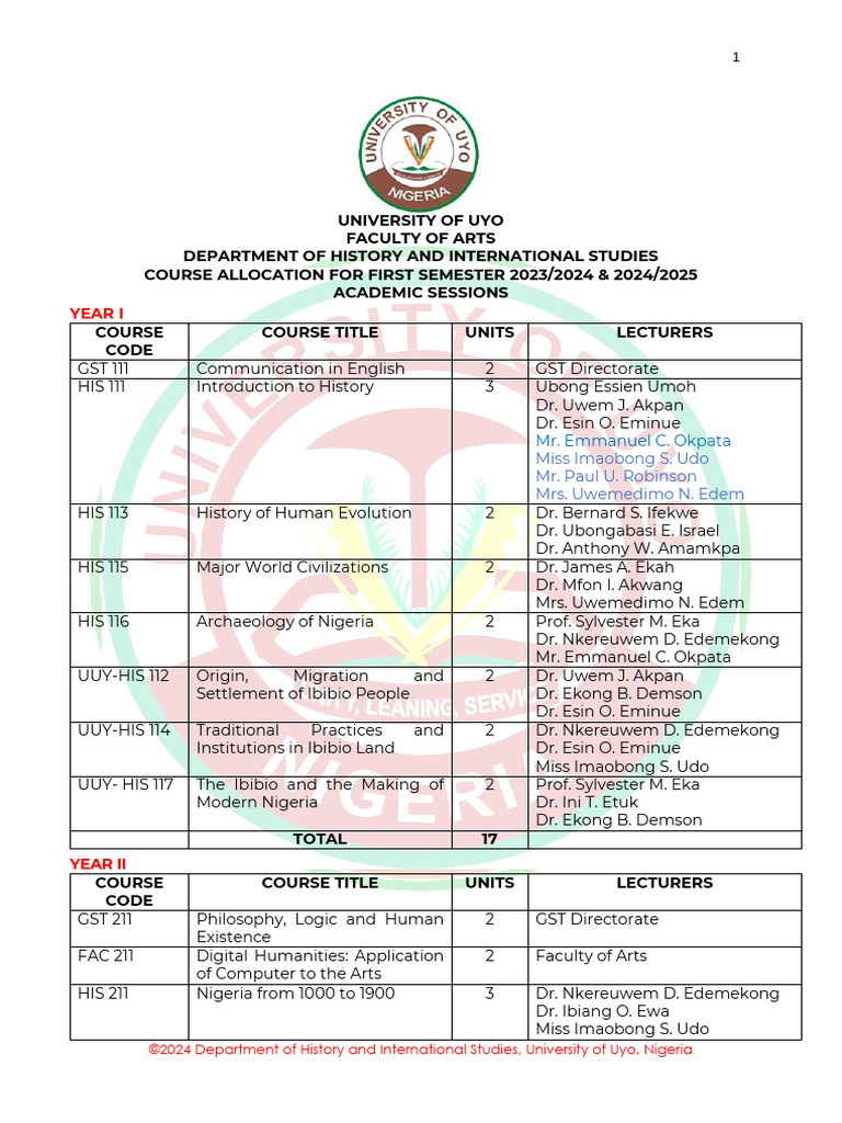 Course Allocation For First Semester 2023-2024 and 2024-2025 Sessions | PDF
