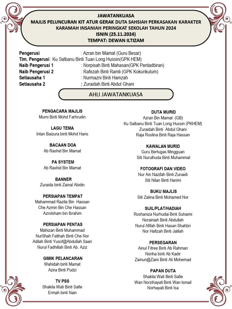 Ajk Majlis Peluncuran Kit Atur Gerak Duta Sahsiah 2024 | PDF