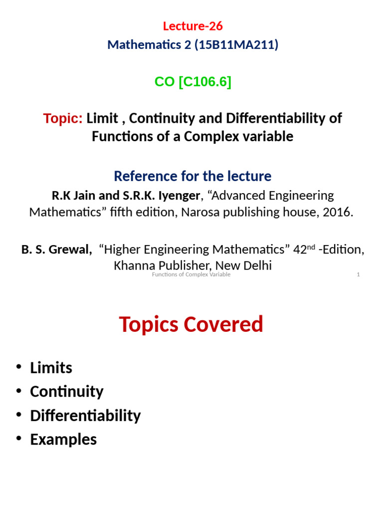L26 - Maths2 - Limits, Continuity and Differentiabilgy of Comples Numbers | PDF | Complex ...