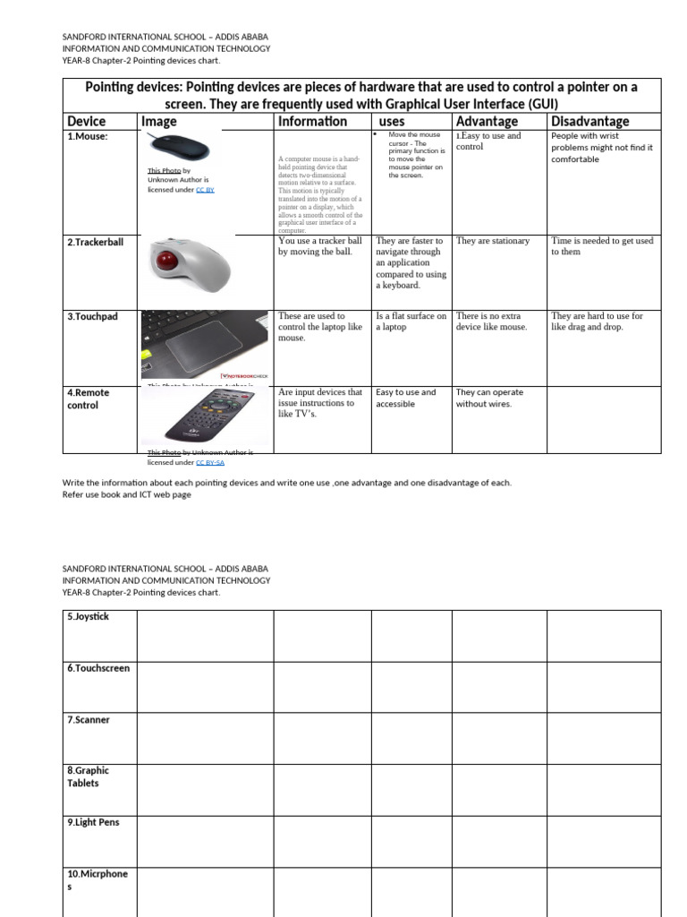Pointing Devices Chart | PDF | Cursor (User Interface) | Information Science