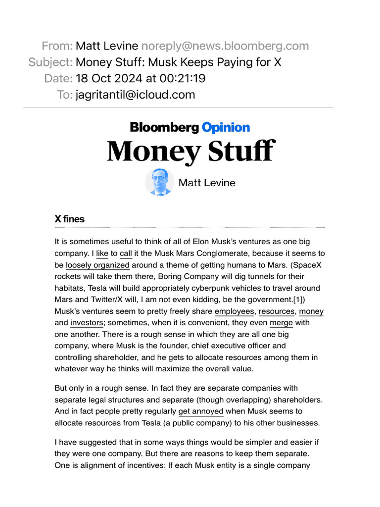 Money Stuff - Musk Keeps Paying For X | PDF | Elon Musk | Hedge (Finance)