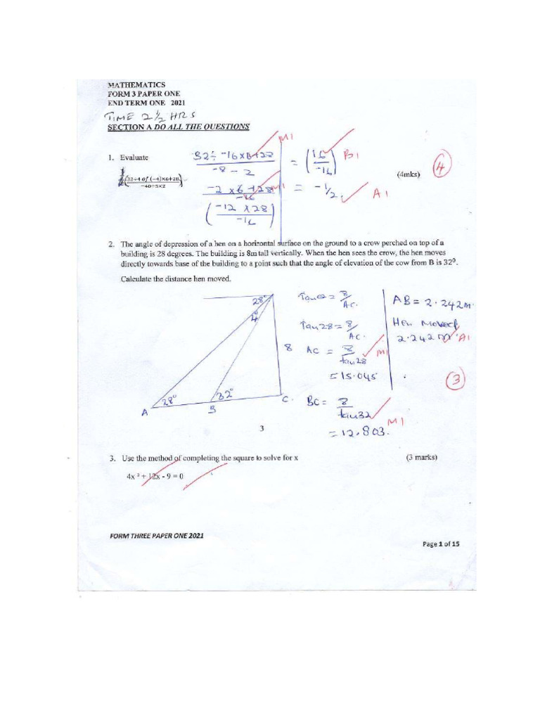 Mathematics F3 PP1 Marking Scheme | PDF