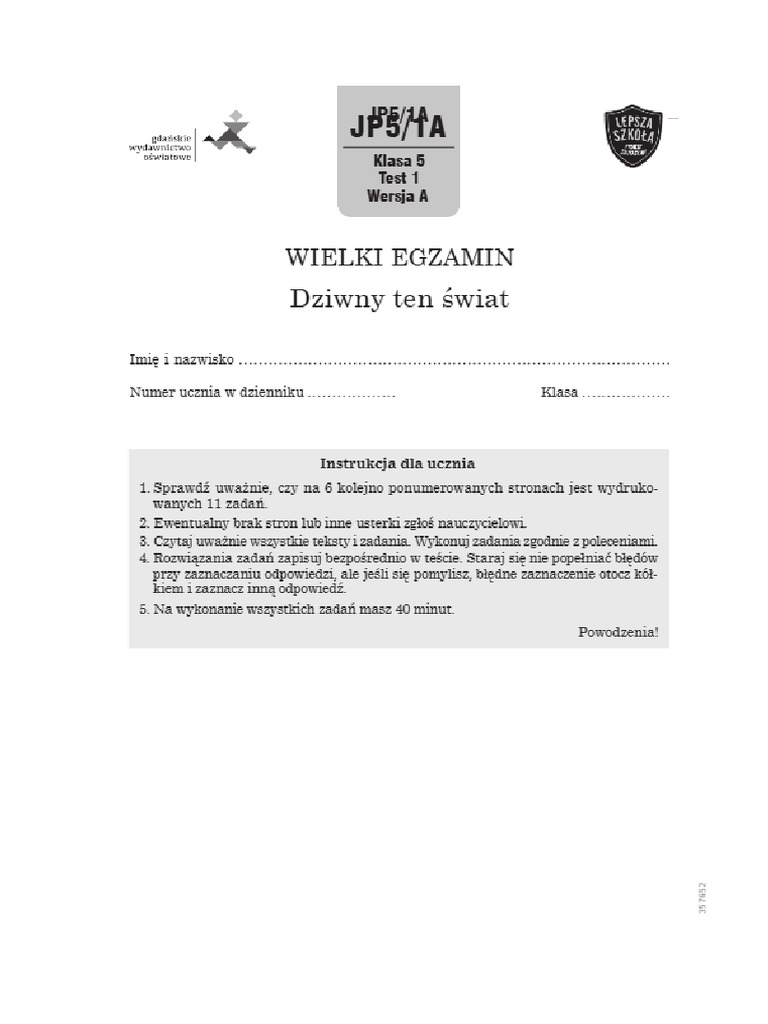 Sprawdzian Jez Polski 5 Klasa | PDF