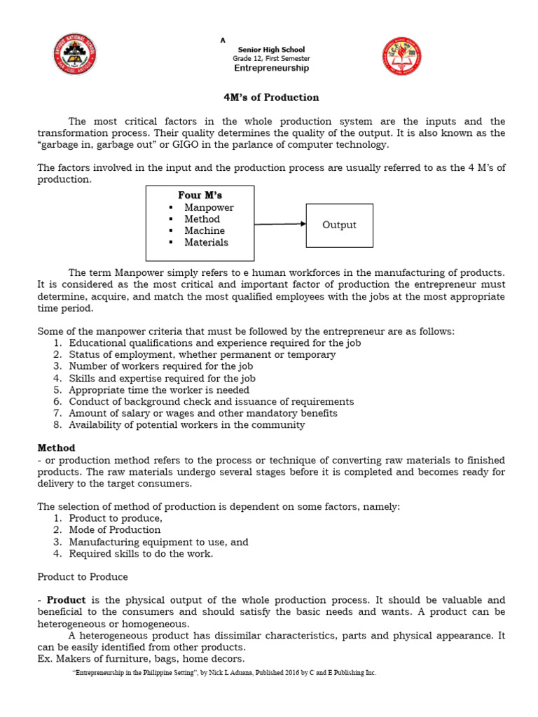Entrep Handouts 4Ms-of-Production | PDF | Lean Manufacturing ...