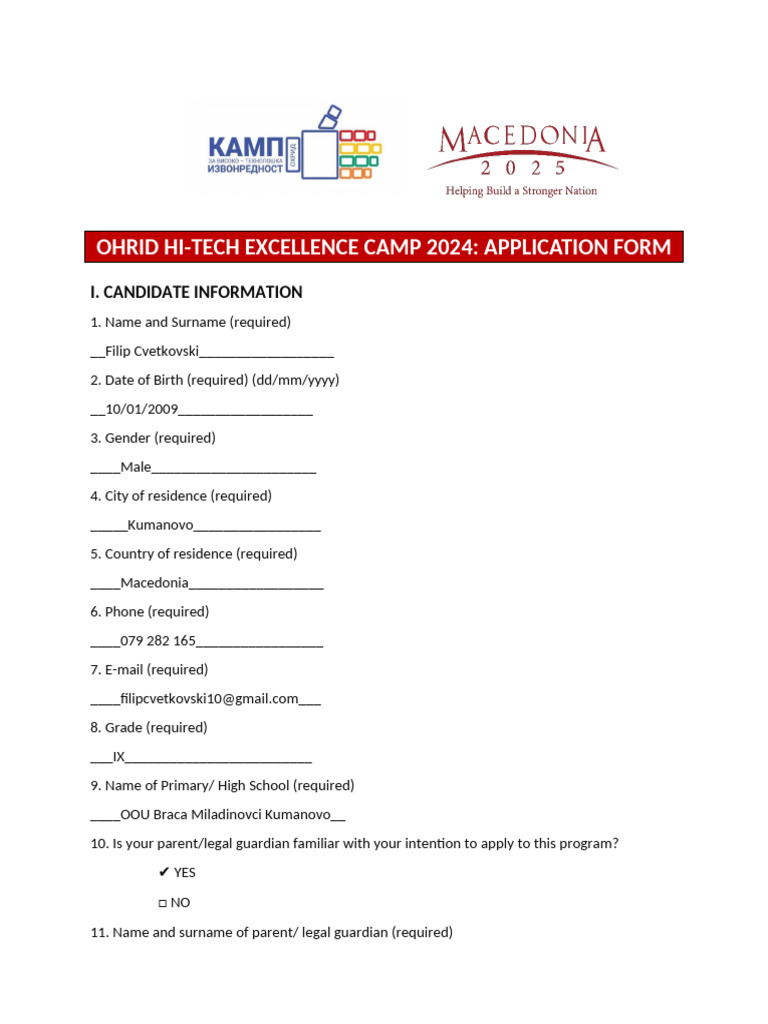 Ohrid Hi-Tech Camp 2024 Application | PDF