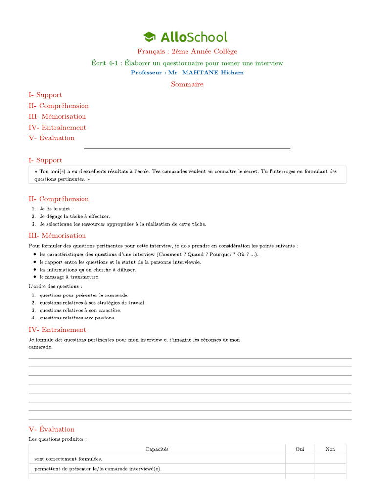 Ecrit 4 1 Elaborer Un Questionnaire Pour Mener Une Interview 2 | PDF