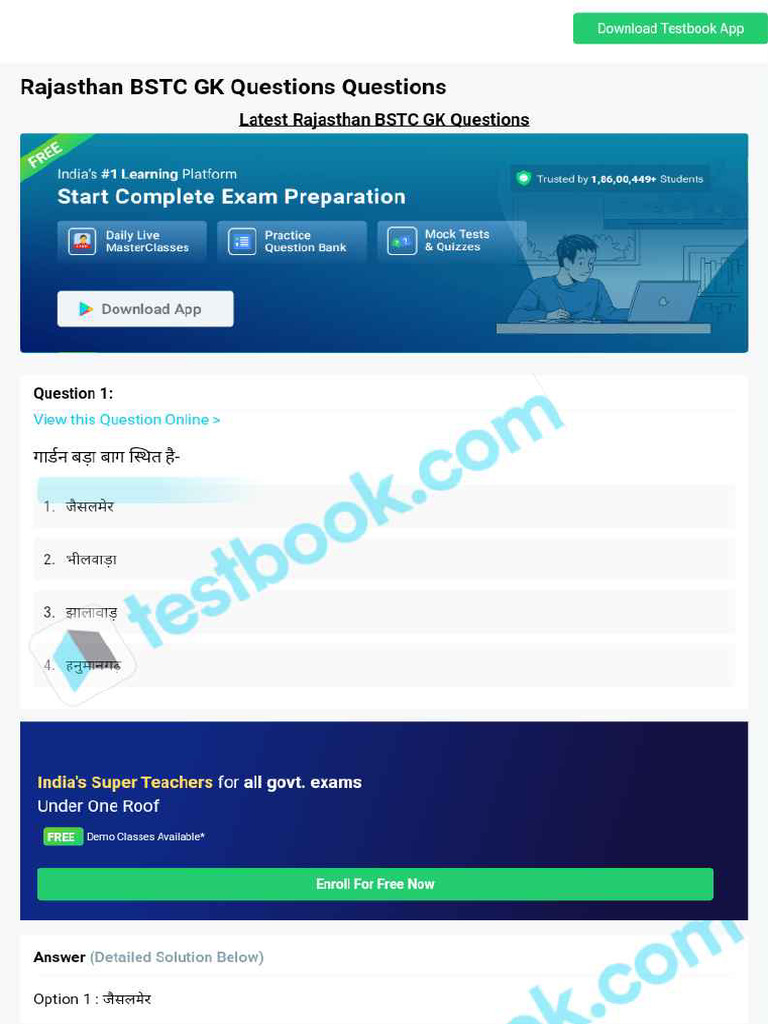 Rajasthan BSTC GK Questions 665eaf0f9aa49b425f0427de | PDF