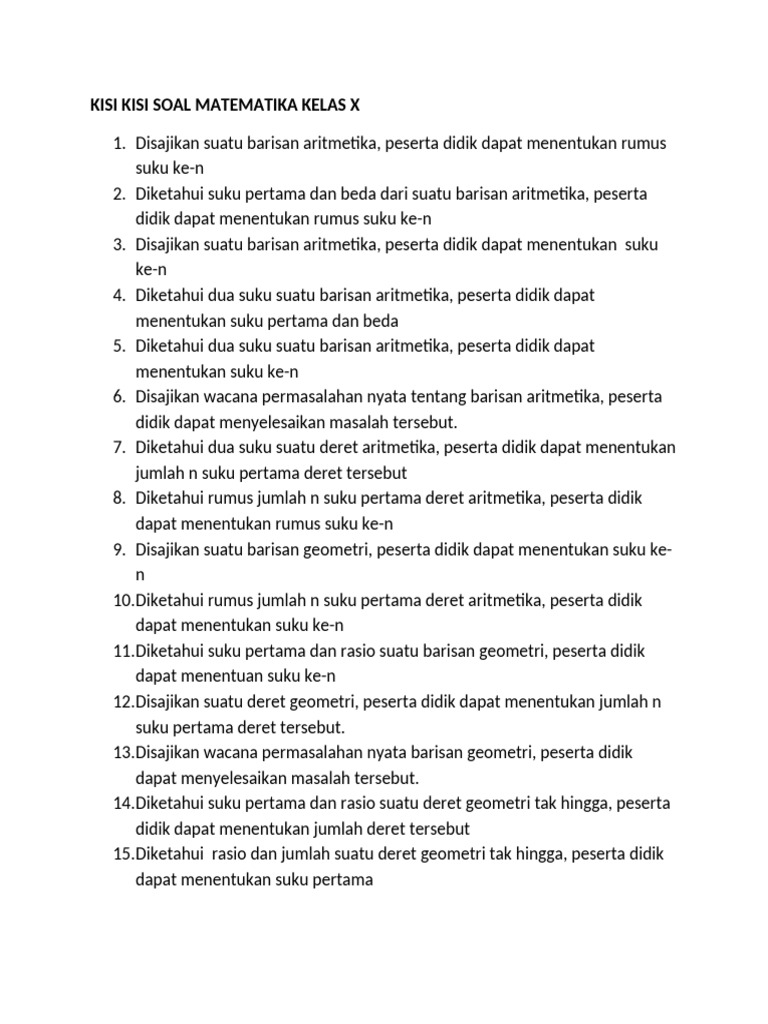Kisi Kisi Soal Matematika Kelas X - SMT 1 - 2024 | PDF