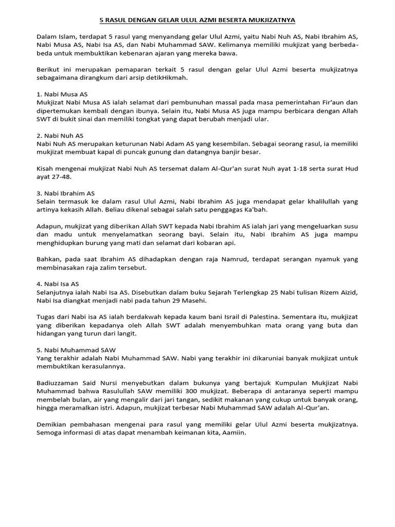 5 Rasul Dengan Gelar Ulul Azmi Beserta Mukjizatnya | PDF