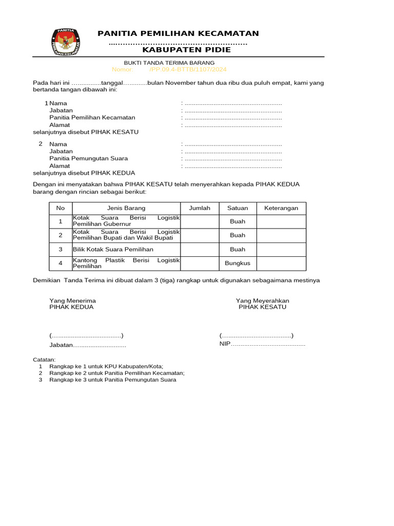 BTTB Serah Terima Logistik - PPK Ke PPS - PPS Ke KPPS | PDF
