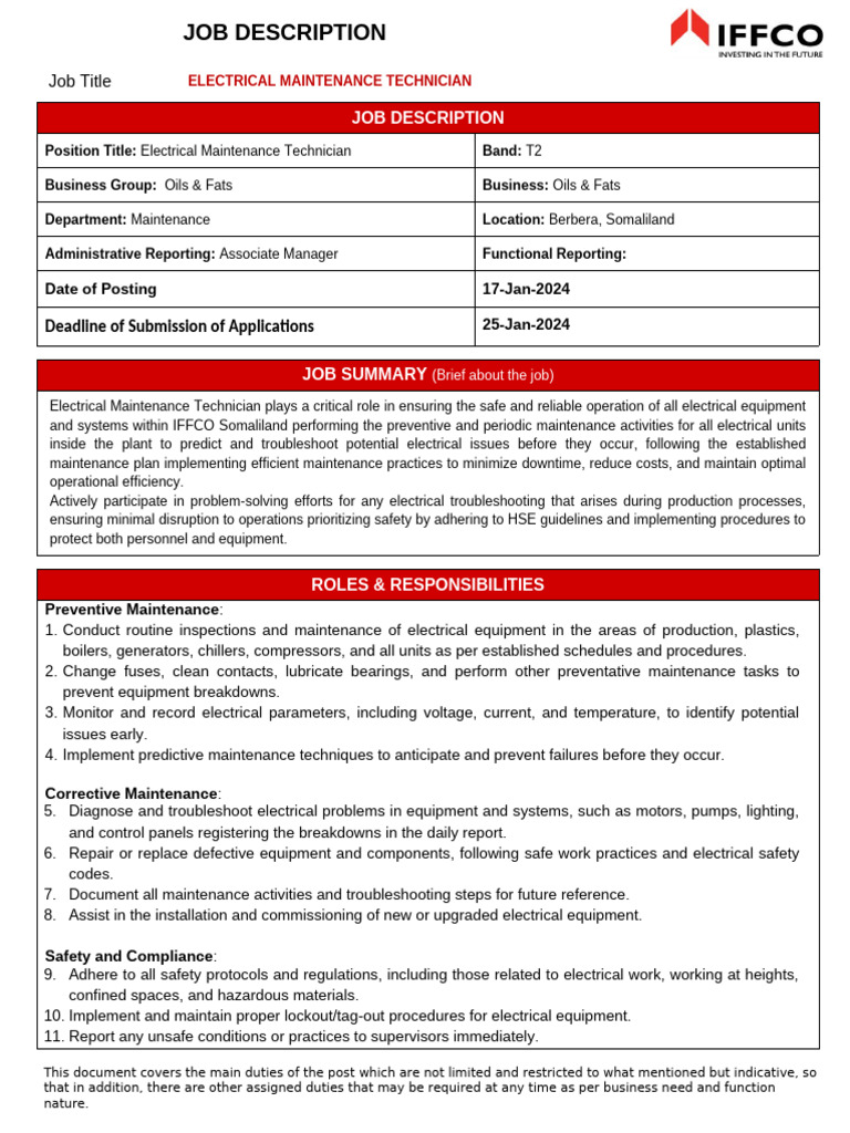 Electrical Maintenance Technician Role | PDF | Safety