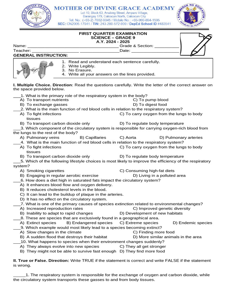 Quarter Exam in Science 9 | PDF | Blood | Respiratory System