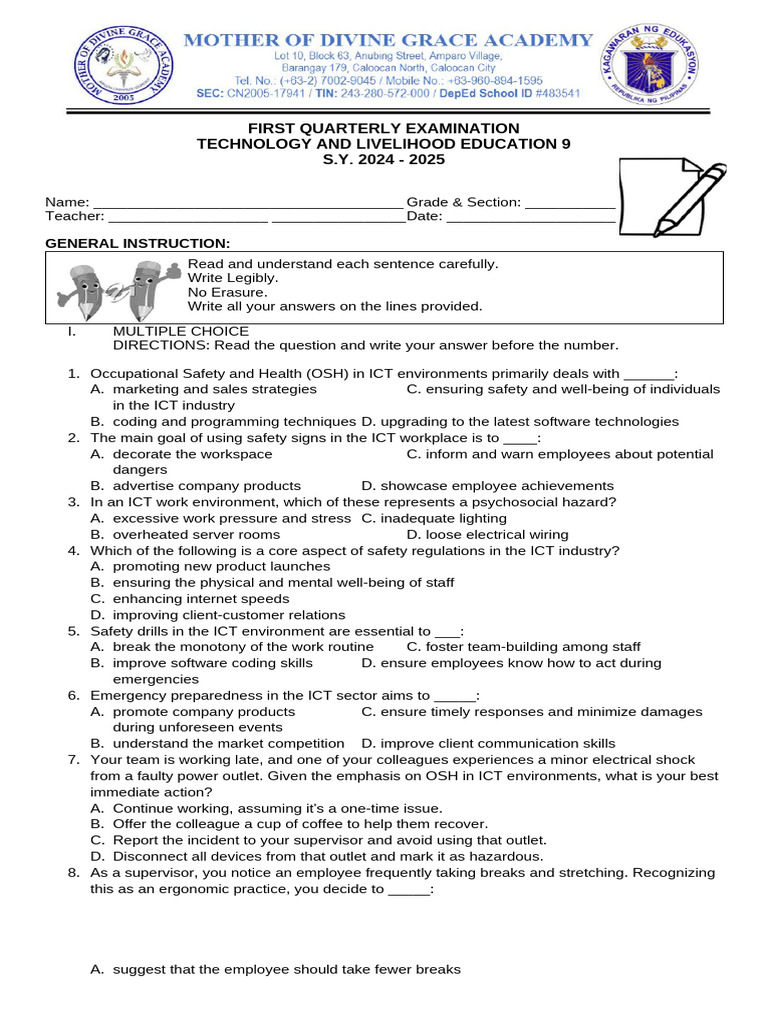 Tle 9 - First Quarterly Exam | PDF | Swot Analysis | Occupational ...