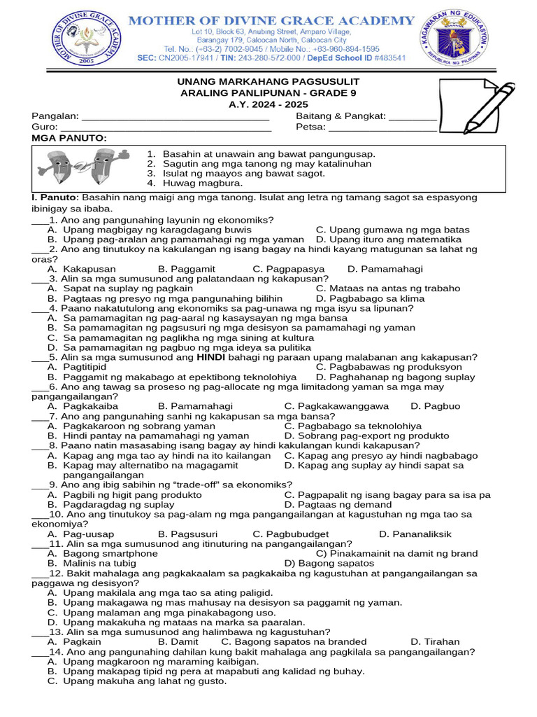 Unang Markahang Pagsusulit-Sa-Ap-9 | PDF Unang Markahang Pagsusulit-Sa-Ap-9 | PDF