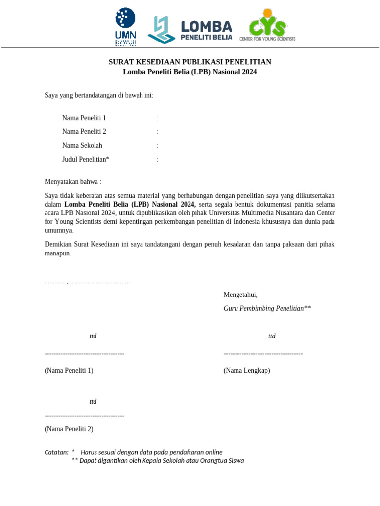 LPB NASIONAL 2024 - Surat Kesediaan Publikasi | PDF