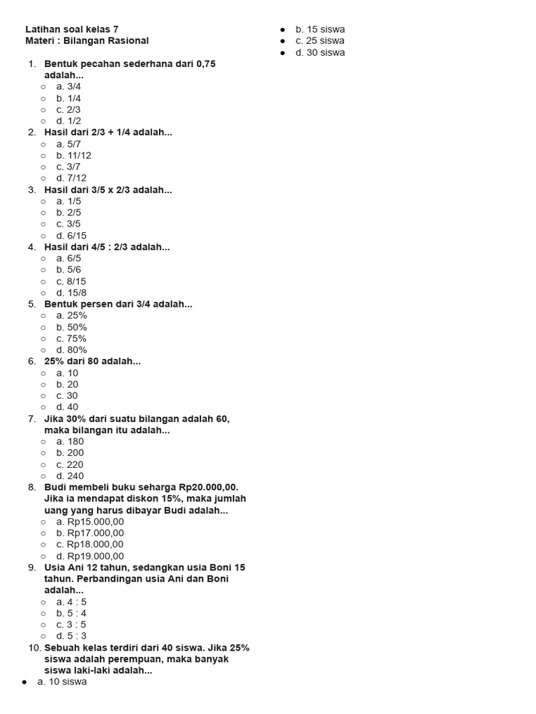Latihan Soal Bilangan Rasional Kelas 7 - Athar | PDF