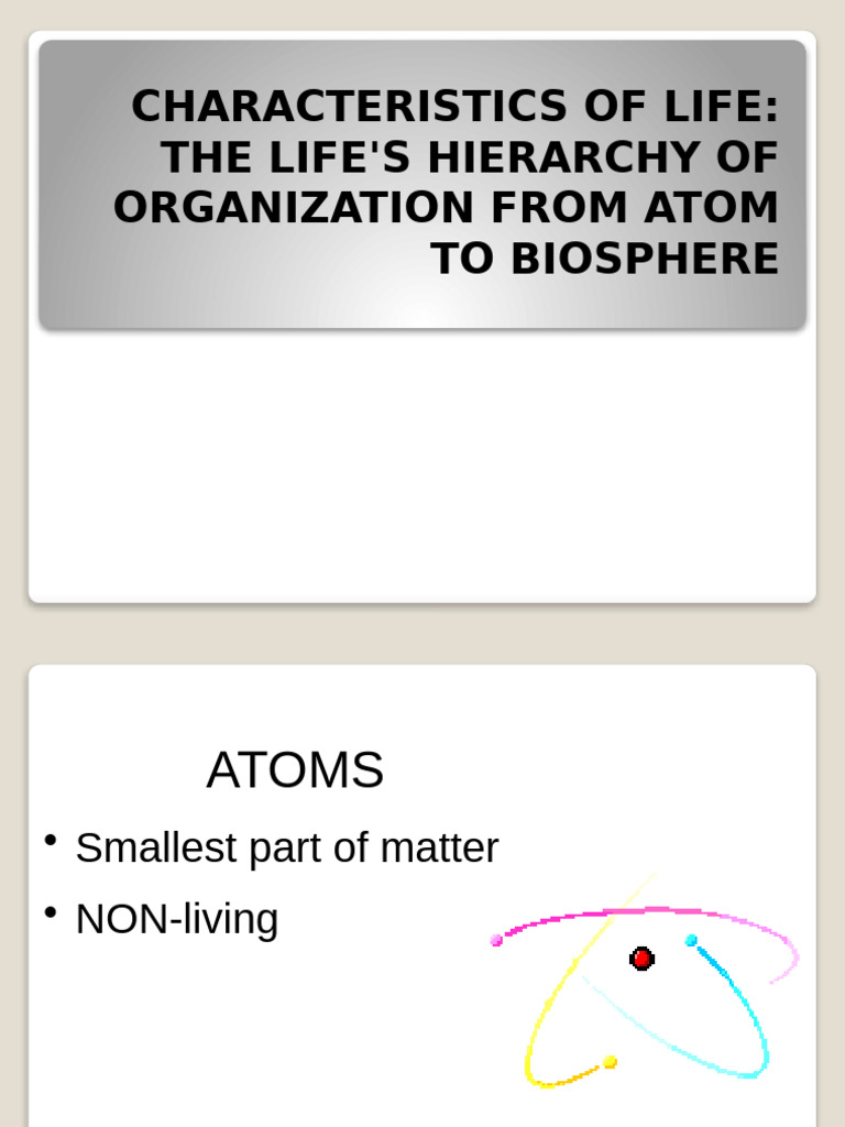 Lesson 4 Characteristics of Life The Lifes Hierarchy of Organization From Atom To Biosphere | PDF
