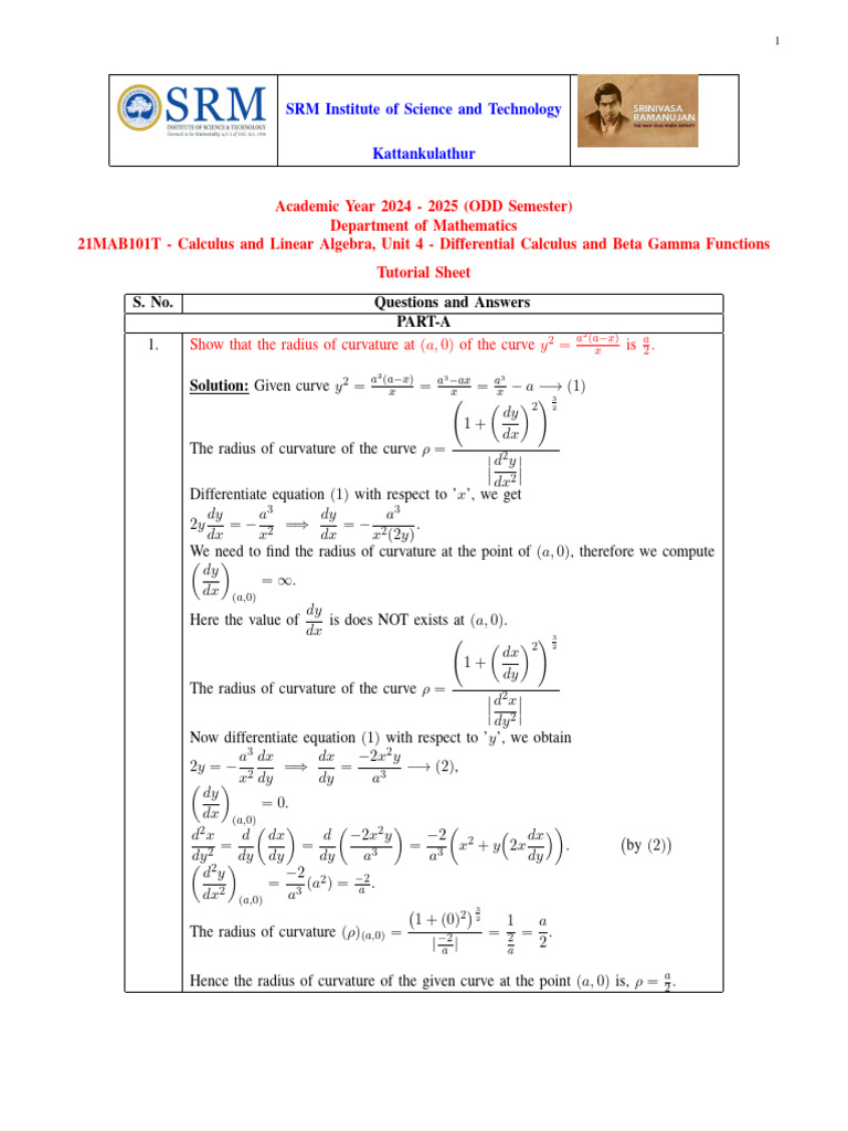 Solution of Unit IV Tutorial Sheet | PDF | Curvature | Algebraic Geometry