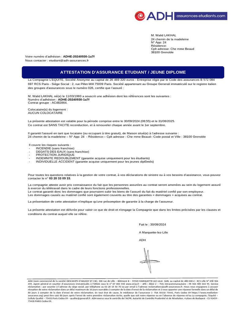 Attestation d'Assurance Étudiant ADH | PDF | Assurance | Économie