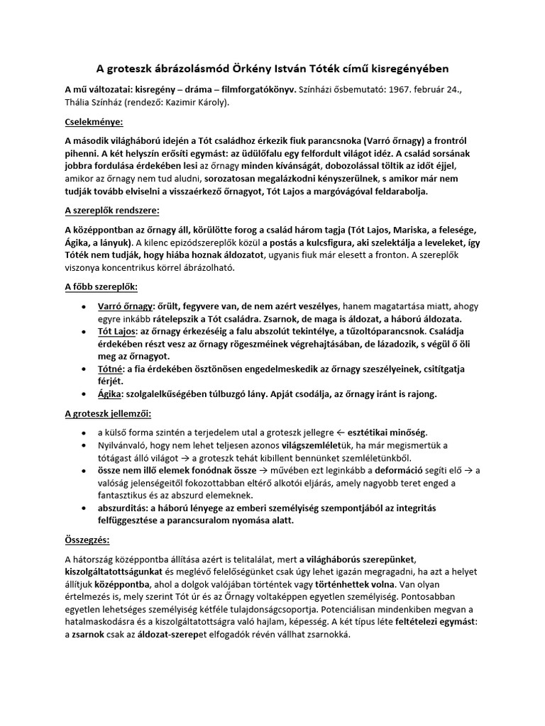 A Groteszk Ábrázolásmód Örkény István Tóték Című Kisregényében | PDF