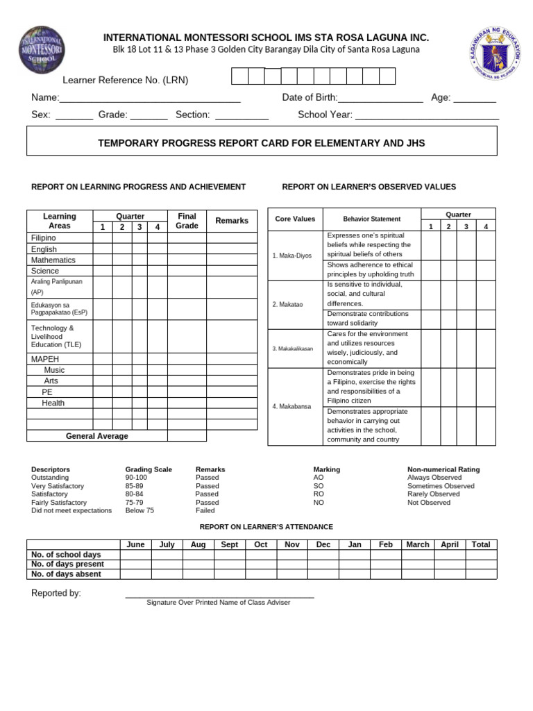 Temporary Progress Report Card IMS | PDF