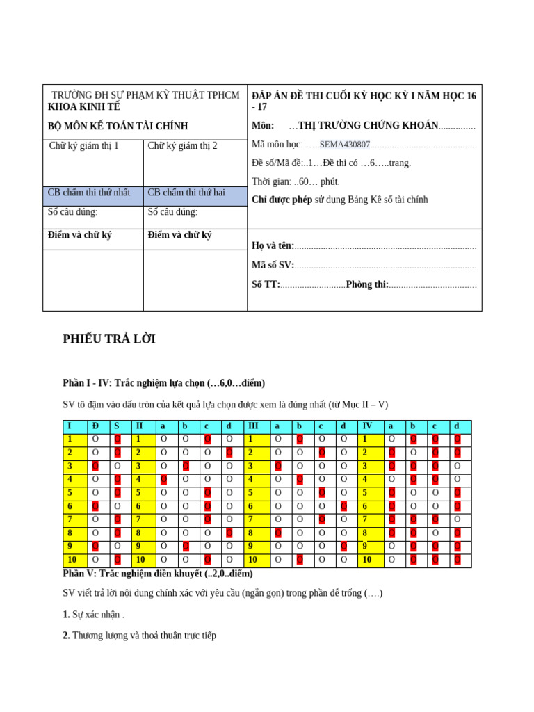 Đáp Án Dethi TTCK 17-18 | PDF