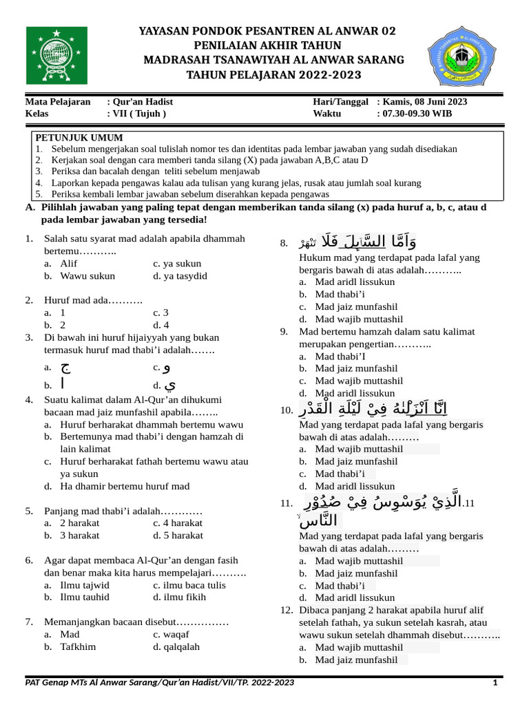 Soal Pat Genap Kelas 7 Al Qur'an Hadits 2022-2023 | PDF