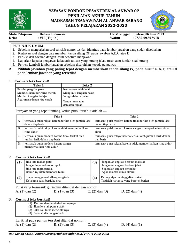 Soal Pat Genap Kelas 7 Bahasa Indo 2022-2023 | PDF