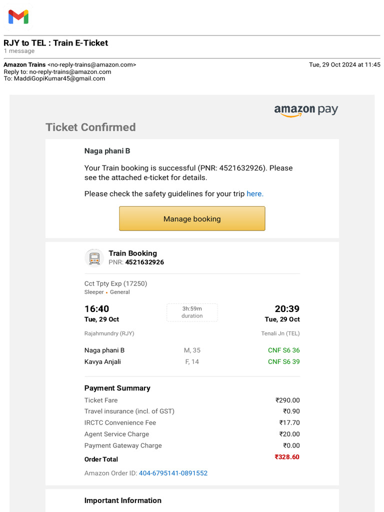 Gmail - RJY To TEL - Train E-Ticket | PDF | Identity Document | Payments