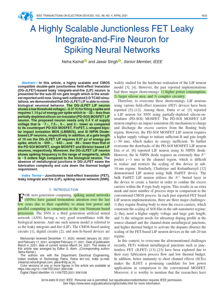 A Highly Scalable Junctionless FET Leaky Integrate-and-Fire Neuron For Spiking Neural Networks ...