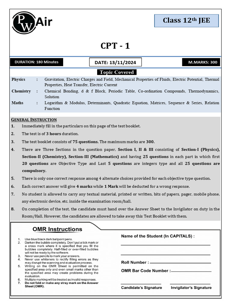 CPT-1 - JEE Mains - (13-11-2024) - Question | PDF | Capacitor | Capacitance