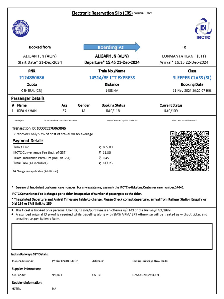 14314/be LTT Express Sleeper Class (SL) | PDF | Identity Document