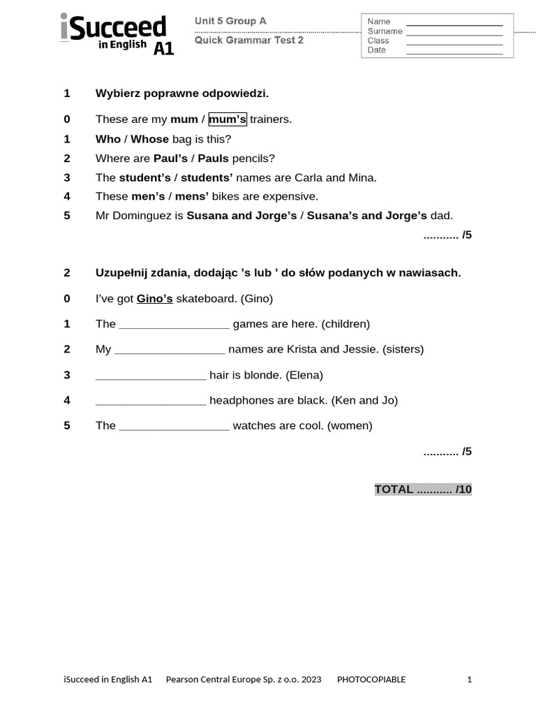 Isucceed - A1 - Unit 5 - Quick Grammar Test 2 - Group - A - Final | PDF