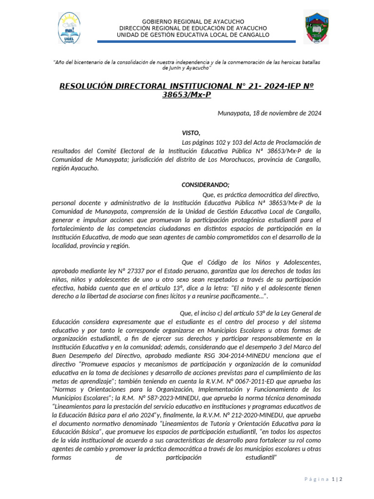 Resolución Directoral Institucional #21-2024-Iep #38653/Mx-P | PDF