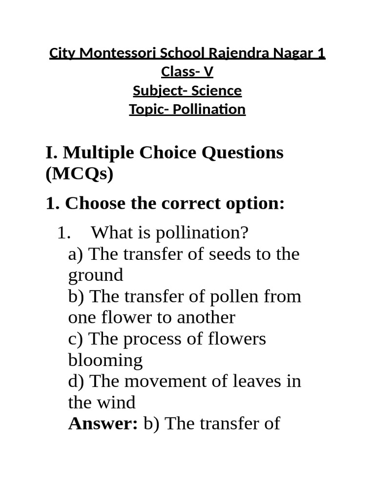 Pollination Questions for Class 5 ICSE | PDF | Flowers | Pollination