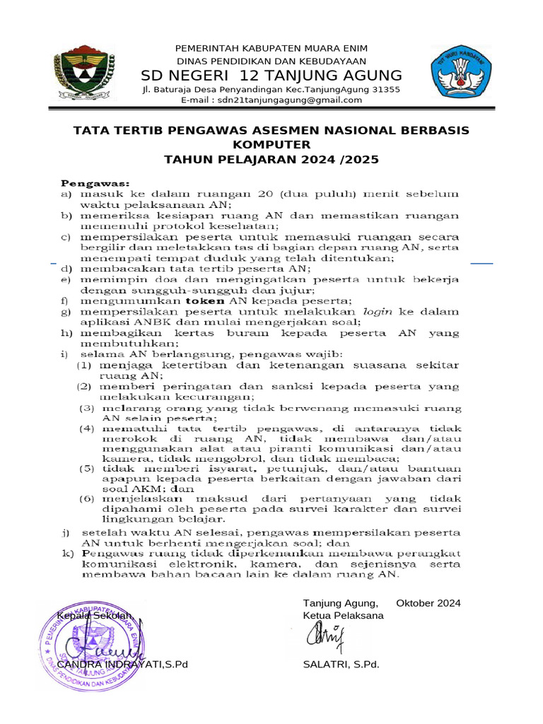 Tata Tertib Peserta Dan Pengawas Anbk - SDN 12TA | PDF