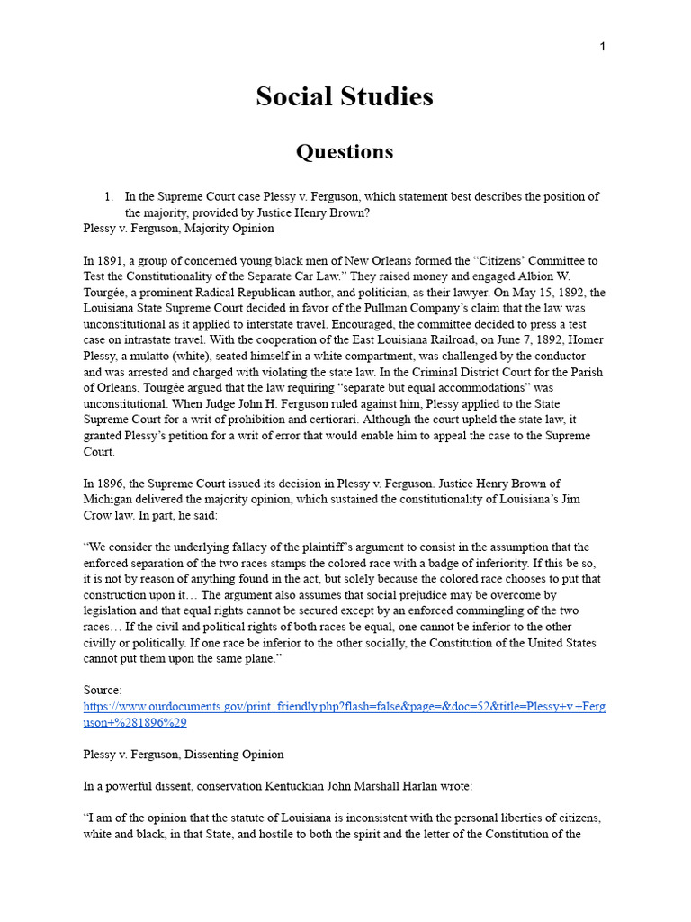 Social Studies Questions From Flesh Card, Part | PDF | Plessy V ...