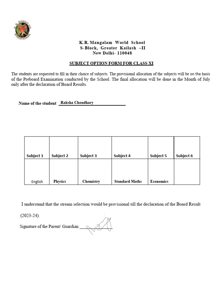 Class XI Subject Option Form | PDF