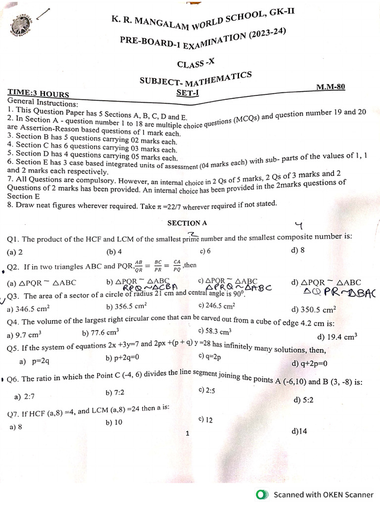Maths Preboard 1 KRM | PDF