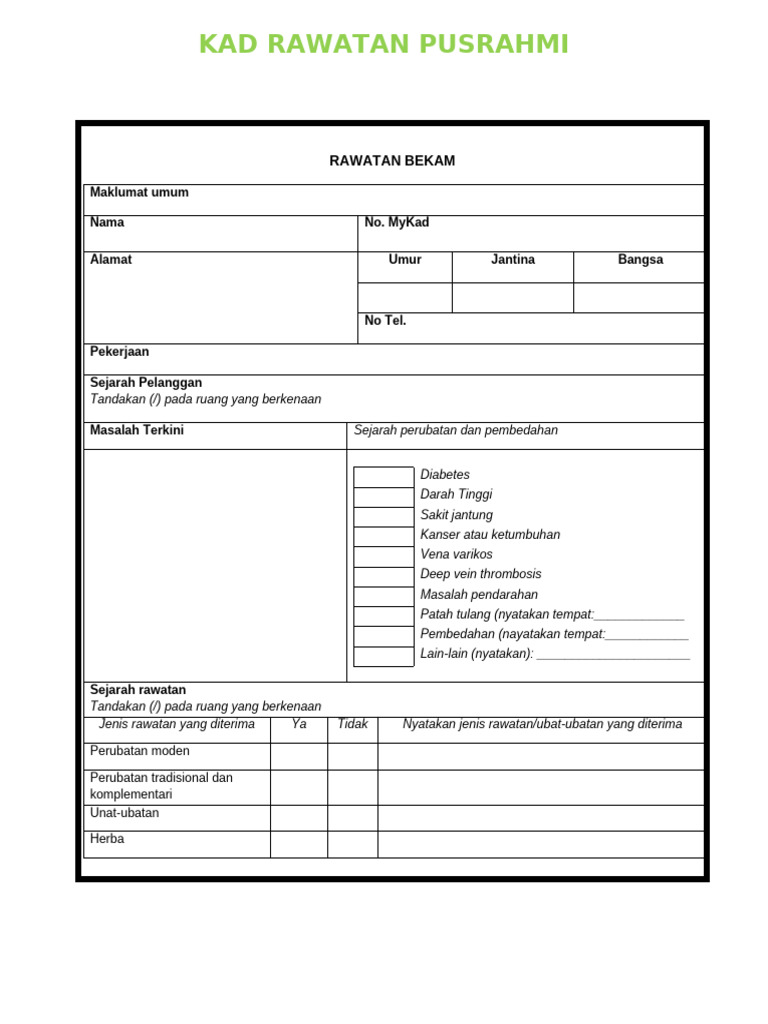 Kad Rawatan Bekam | PDF