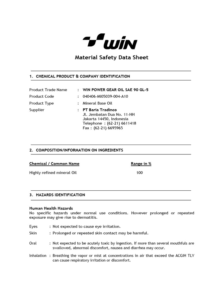 MSDS for WIN Formula Gear Oil SAE 90 | PDF | Combustion | Water