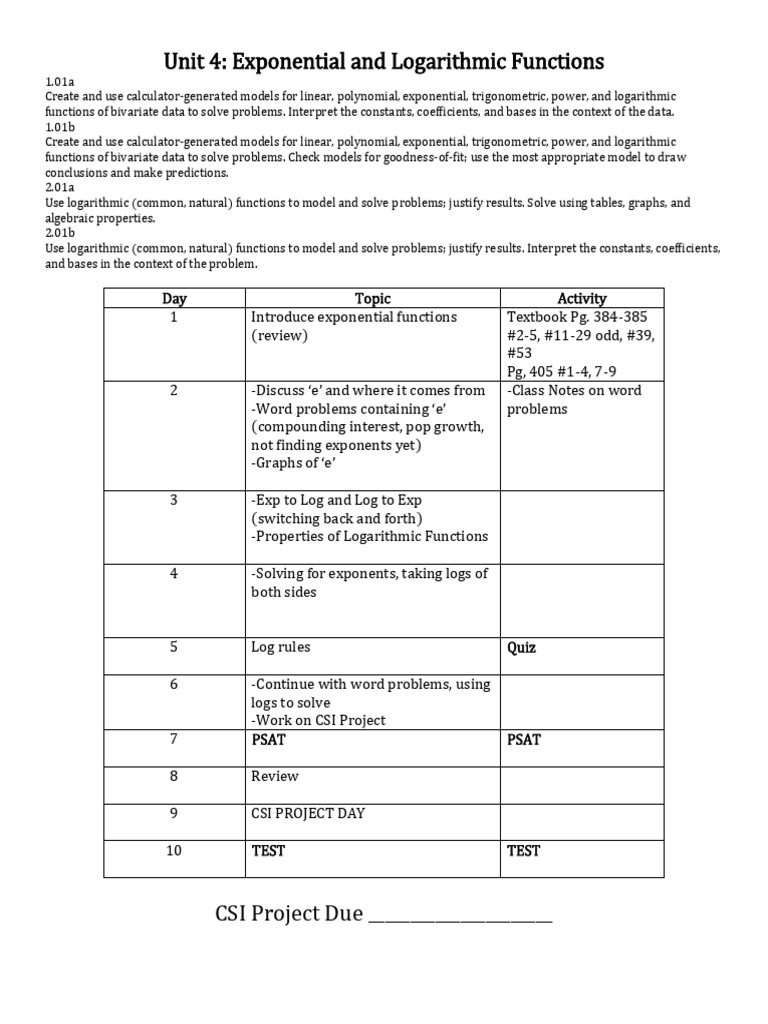 Unit 4 Packet Exponents and Logs Fall 15 | PDF | Exponential Function ...
