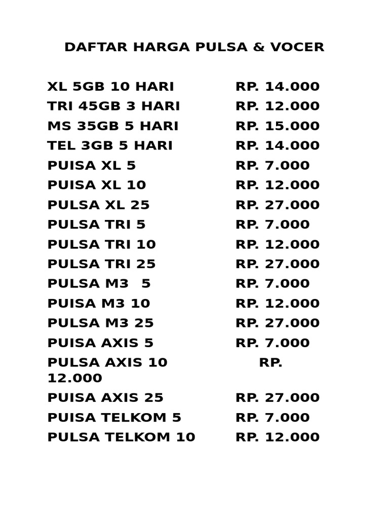 Daftar Harga Pulsa | PDF