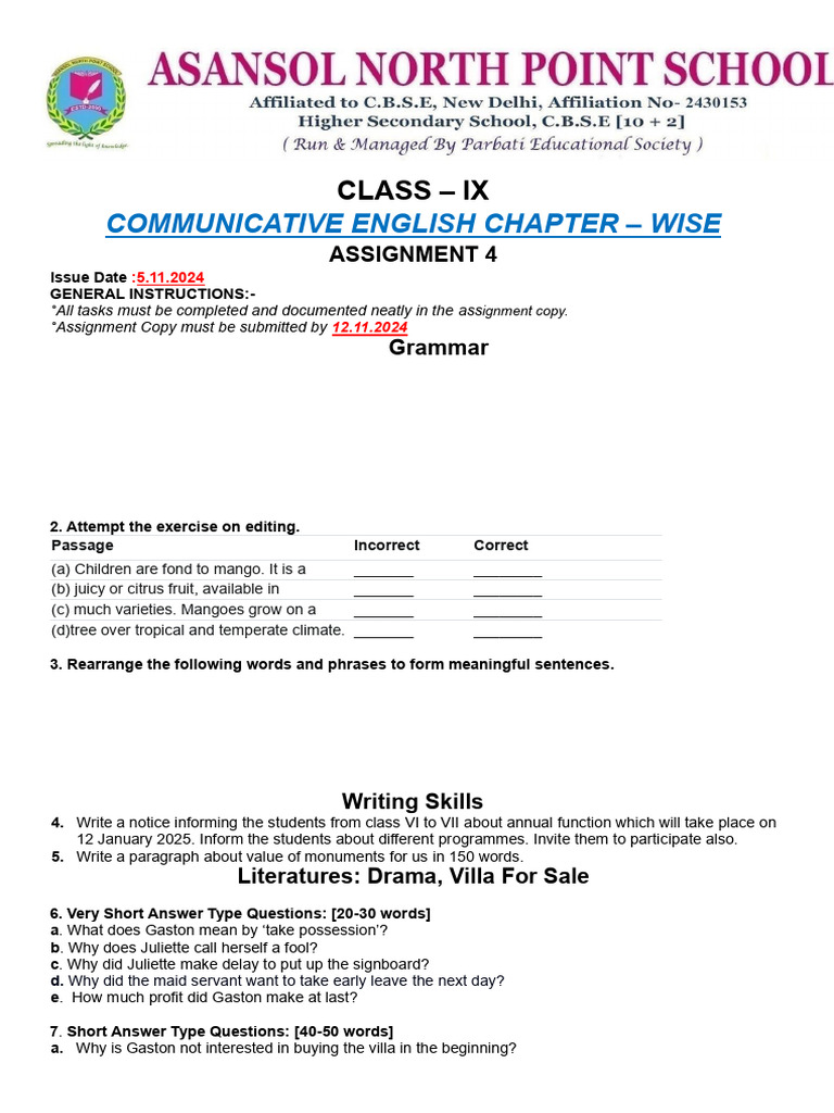 Class 9 Assignment 4 English | PDF